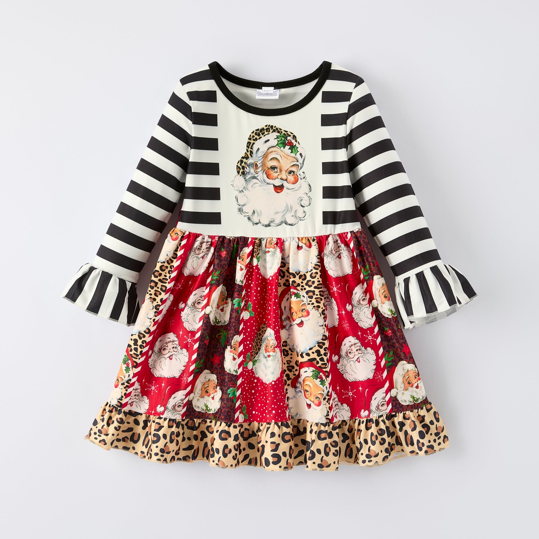 （In Stock）Girls Christmas Santa Claus Print Ruffle Dress
