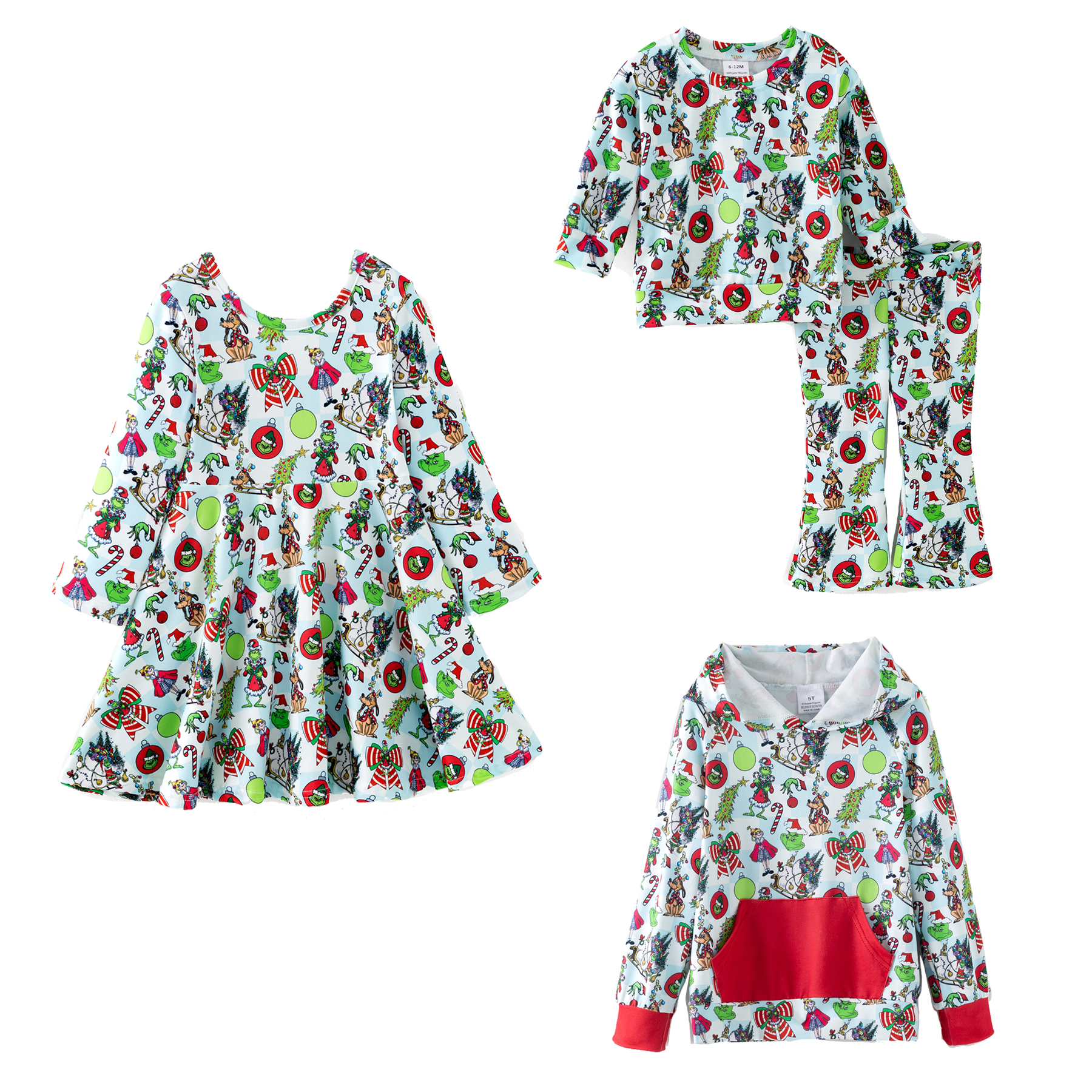 （Pre Order,Prepack Zone）Girls Christmas Cartoon Print Set,Dress&Top（Mi