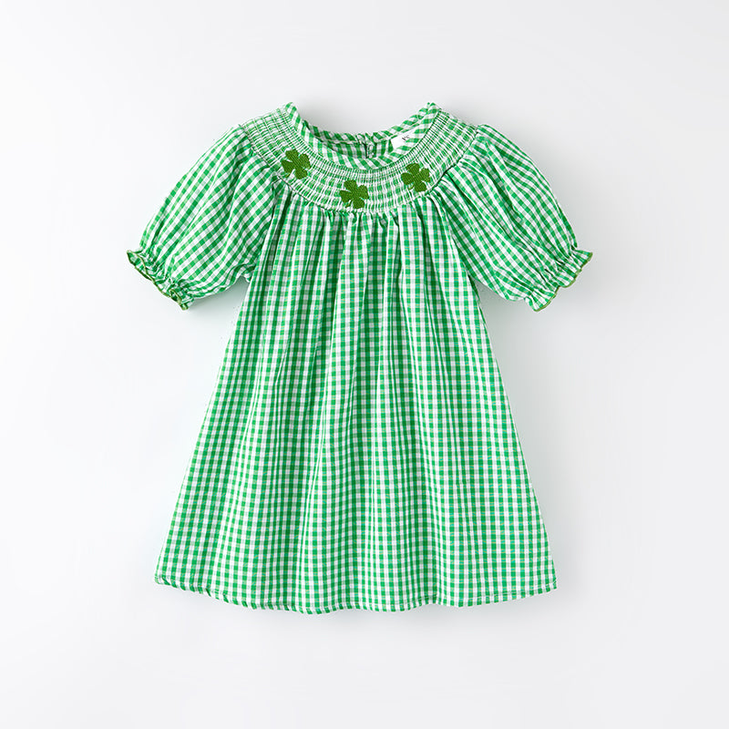 （In Stock G23-5-1）Girls St.Patrick's Day Shamrock Embroidery Smocked D