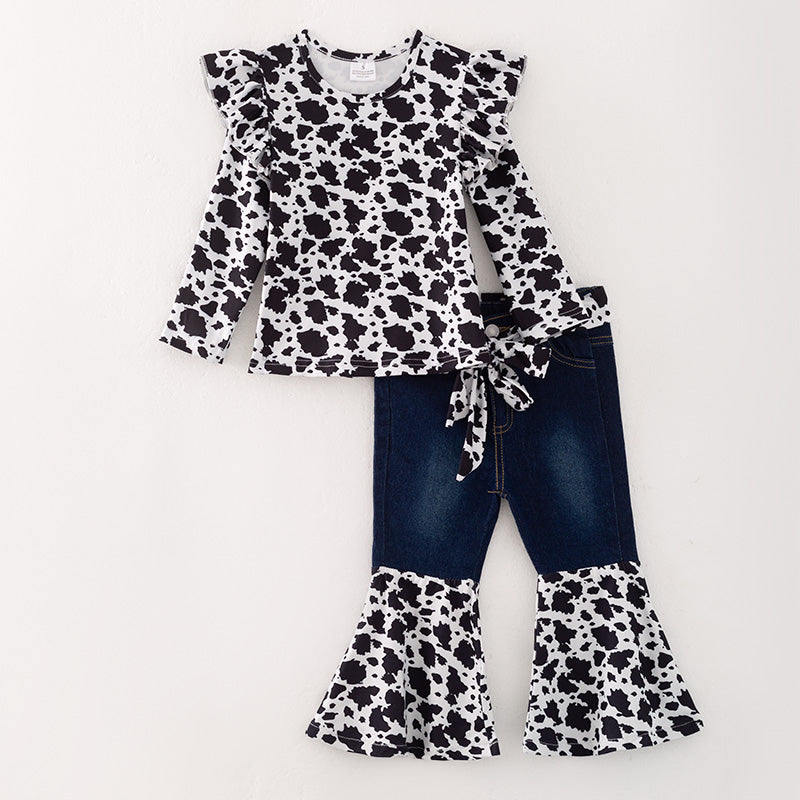 （In Stock）Girls Fall Cow Print Denim Pants Set