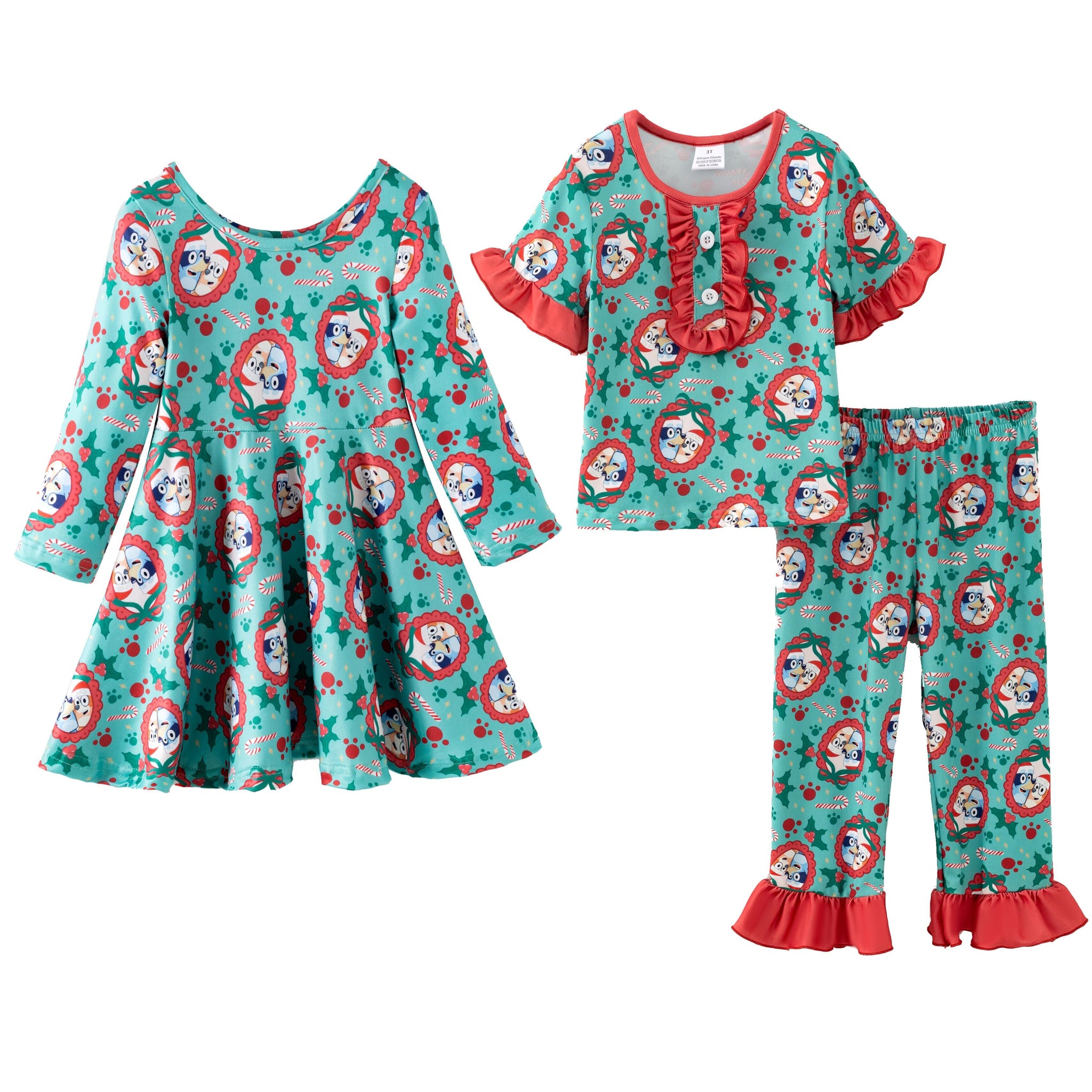 （Pre Order,Prepack Zone）Girls Christmas Cartoon Print Dress&Pajamas（Mi