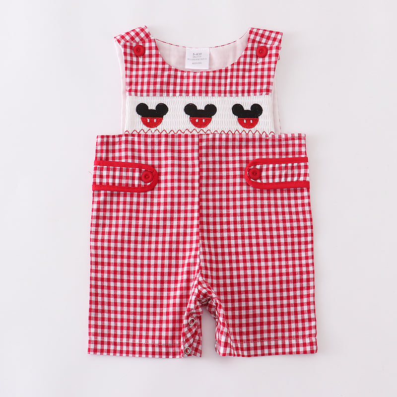 (In Stock Q09-05-02)Boys Woven Gingham Mickey Embroidered Smocked Romp