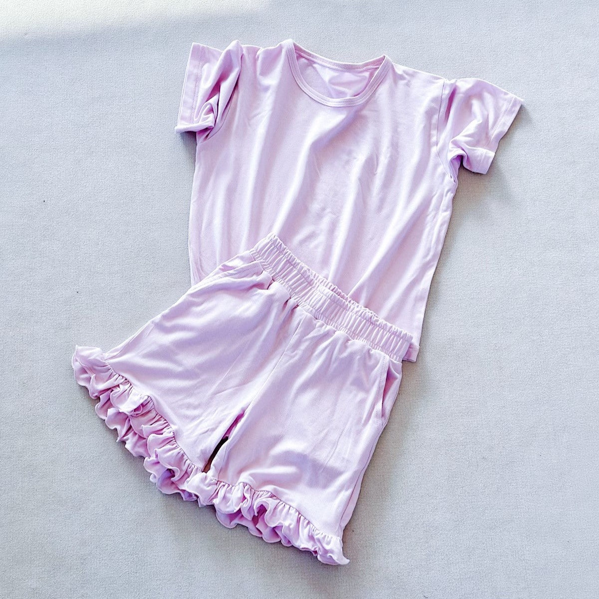 （In Production）Girls Spring&Summer Solid Color Ruffle Short Set